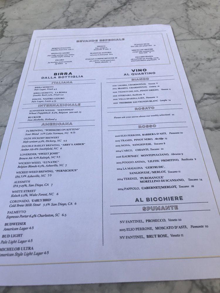 Menu at Vivace restaurant, Raleigh