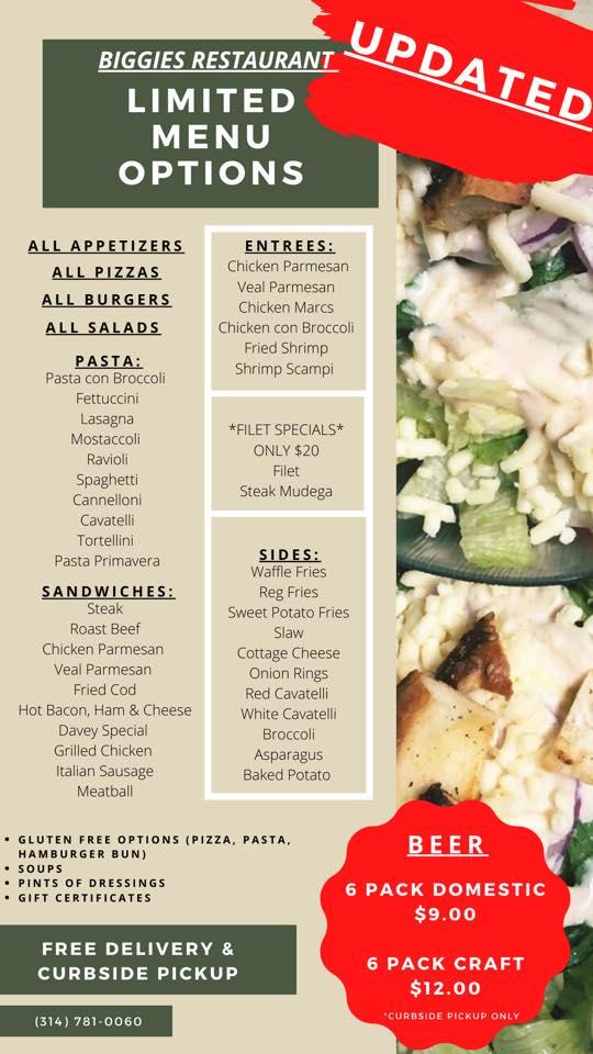 Menu at Biggie's Restaurant, St. Louis