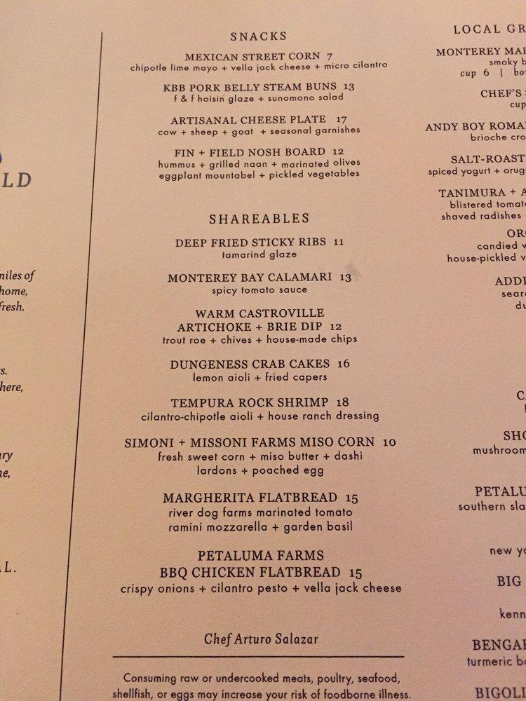 Menu at Fin + Field Restaurant and Bar, Monterey