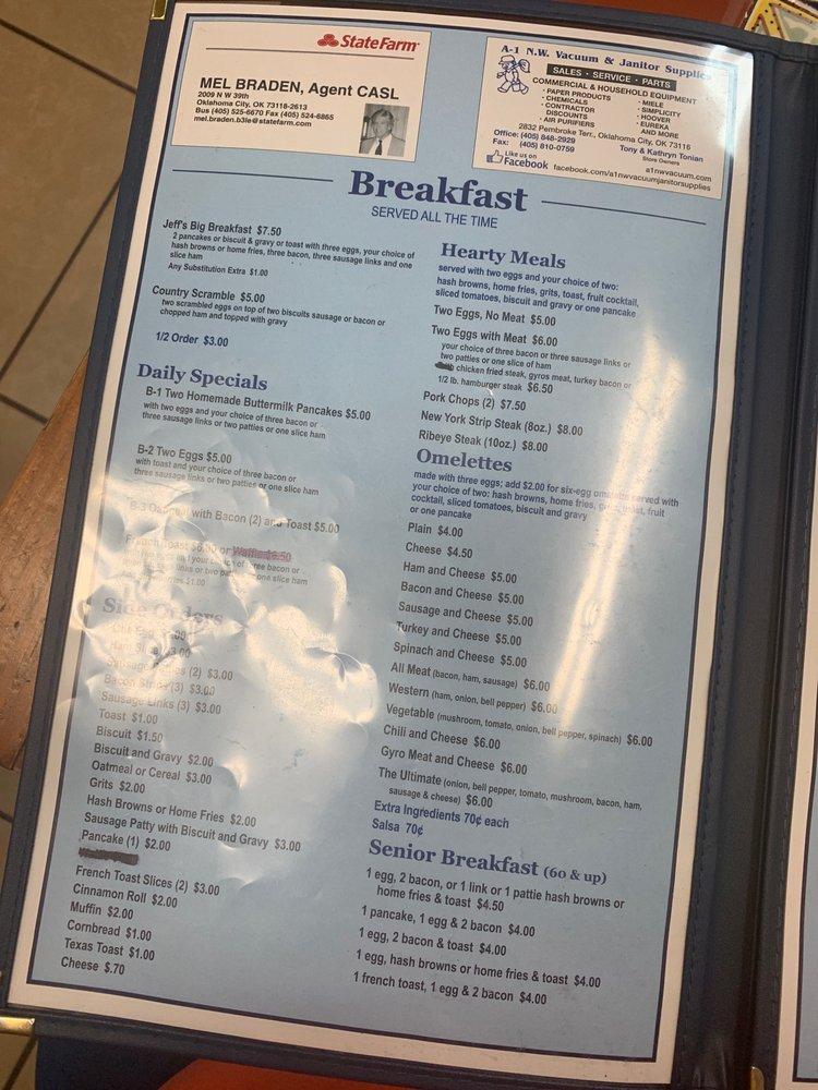 Menu at Jeff's Country Cafe, Oklahoma City