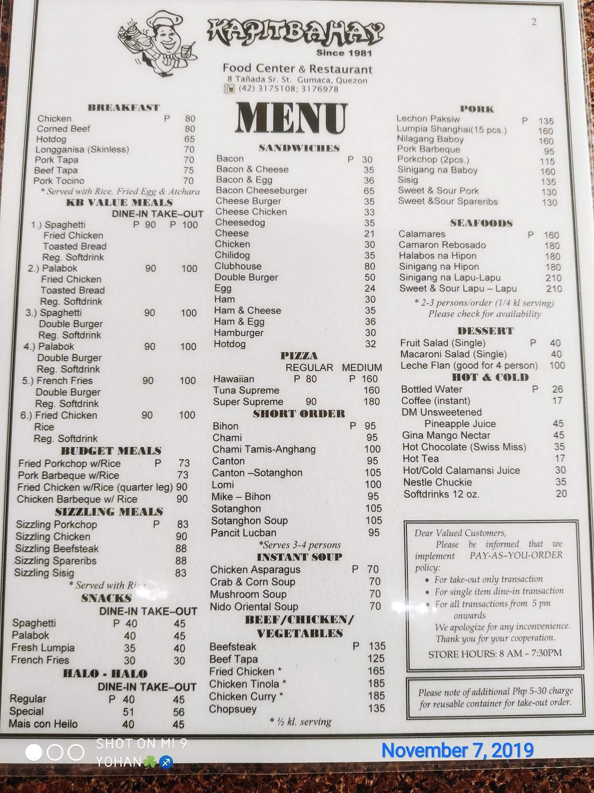 Carta de Kapit Bahay Restaurant, Gumaca