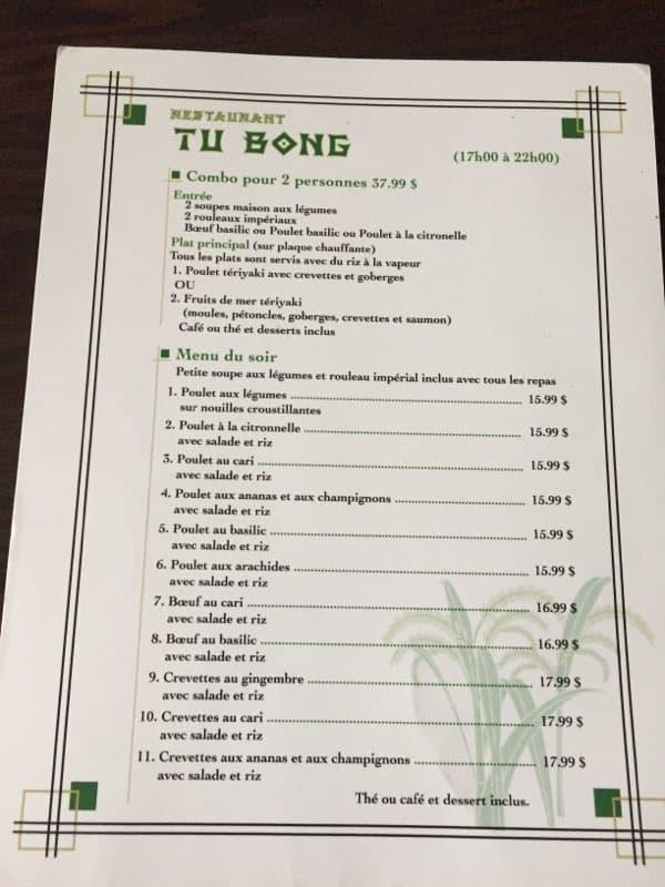 Menu au Restaurant Tu Bong, Québec
