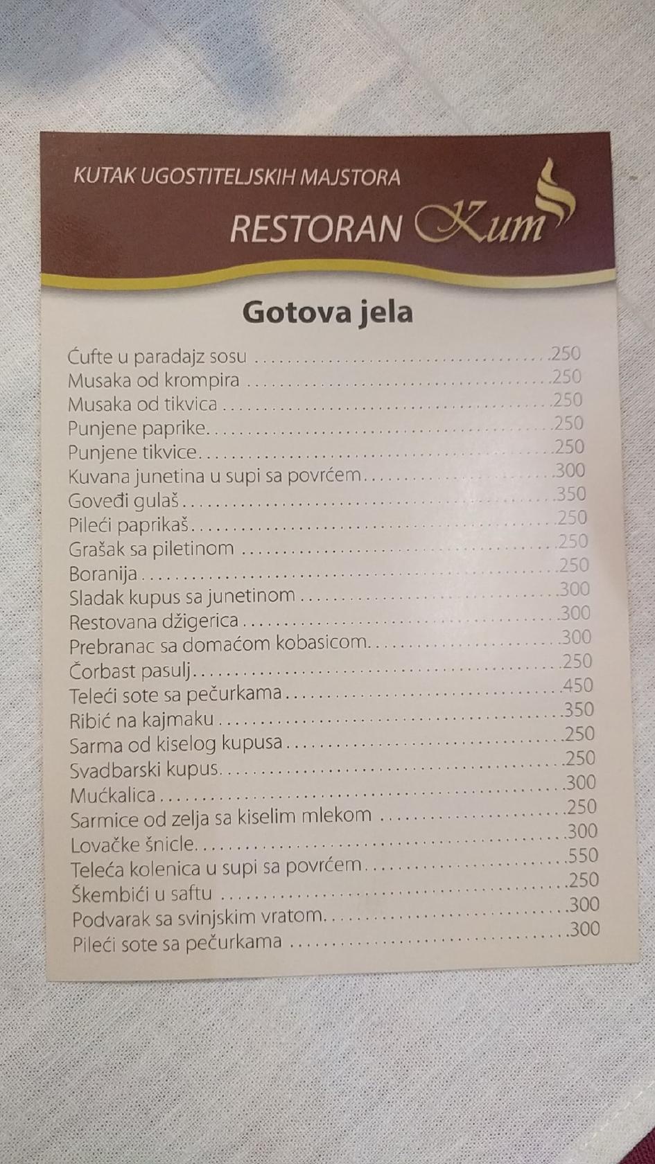Menu at Restoran KUM restaurant, Belgrade