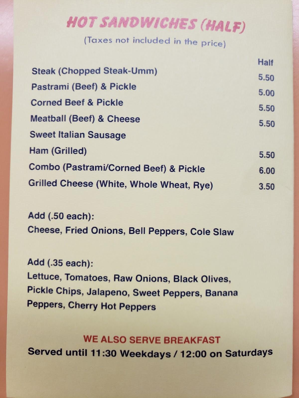 Menu at Sub Stop Delicatessen restaurant, Roselle
