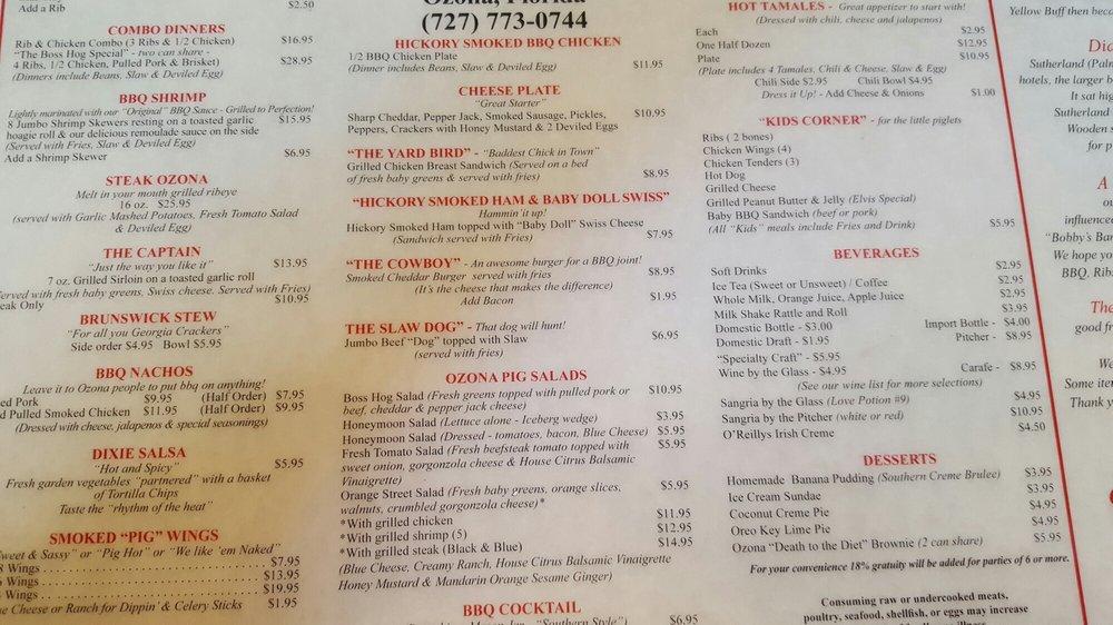 Menu at The Ozona Pig BBQ, Palm Harbor
