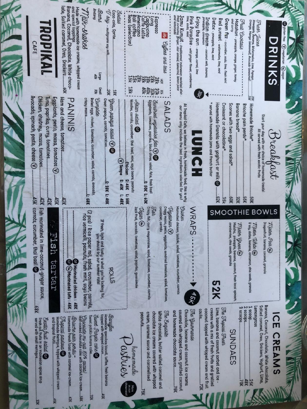Menu at Tropikal cafe, Purwakerti