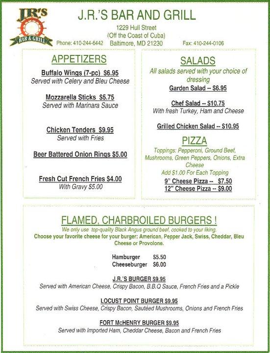 Menu at JR's Bar & Grill in Historic Locust Point, Baltimore