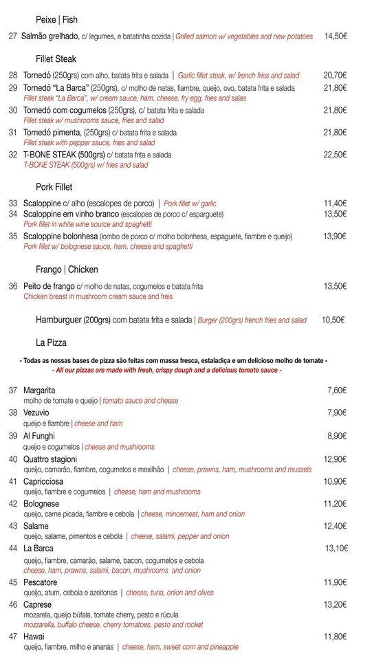 Menu at La Barca Restaurant, Albufeira