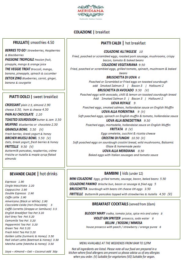 Menu at La Meridiana restaurant, East Horsley