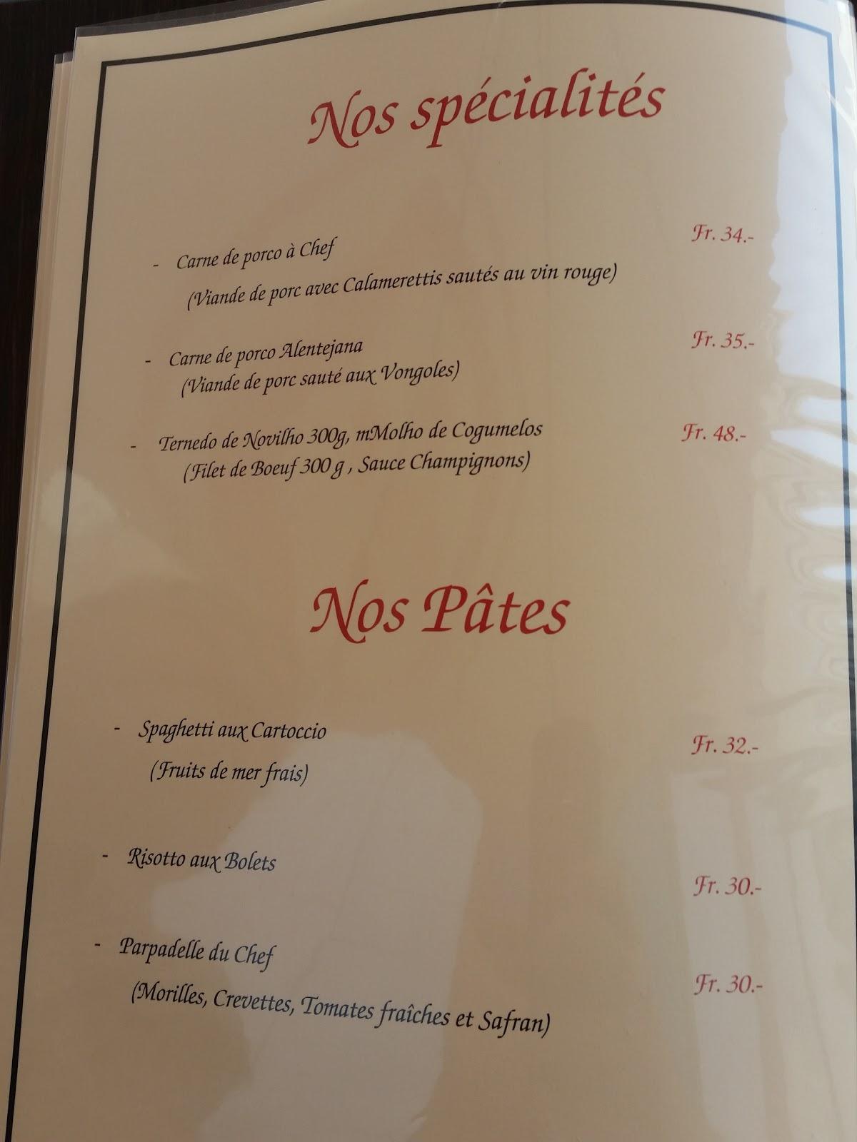 Menu at Le Carabin, Geneva