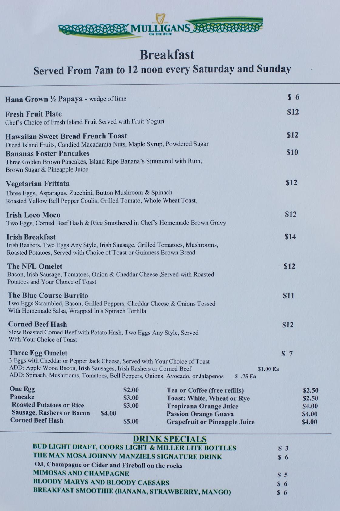 Menu at Mulligans on the Blue pub & bar, Kihei