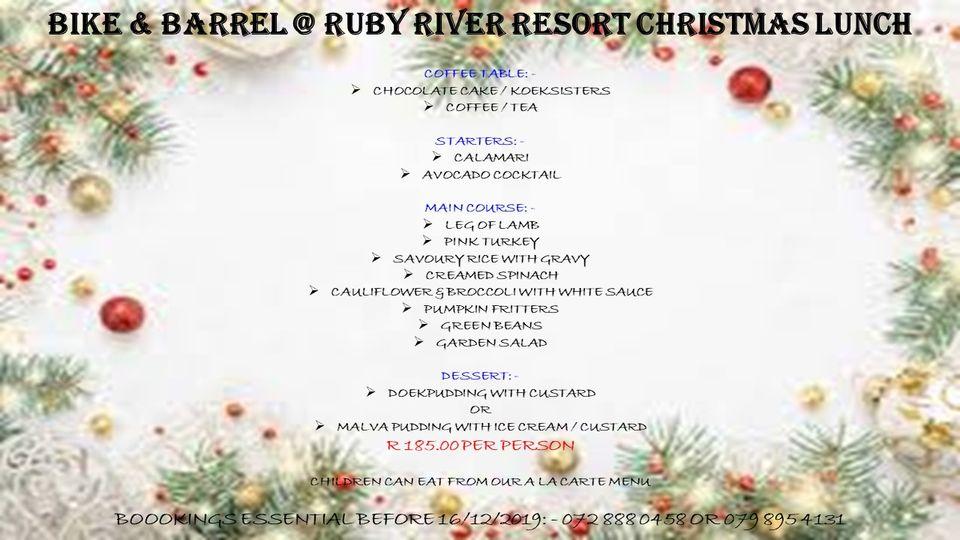 Menu at Ruby River Resort, South Africa