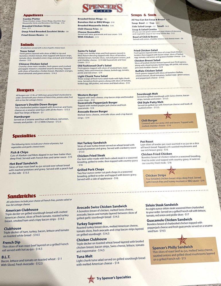 Menu at Spencer's Restaurant, Bakersfield