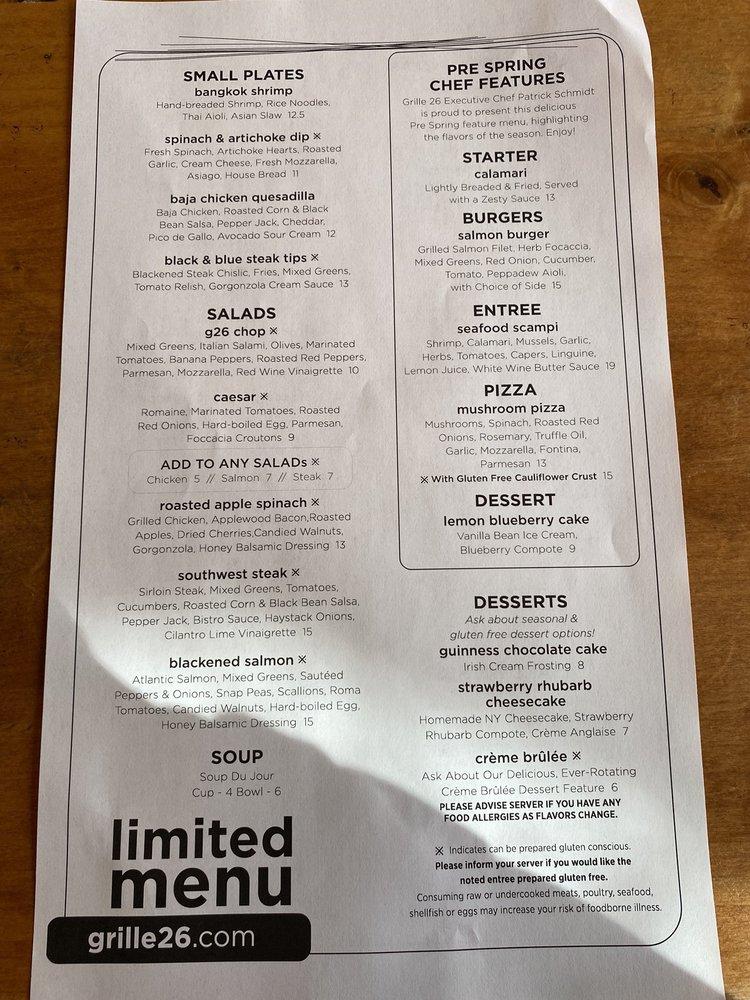 Menu at Grille 26 pub & bar, Sioux Falls, S Western Ave