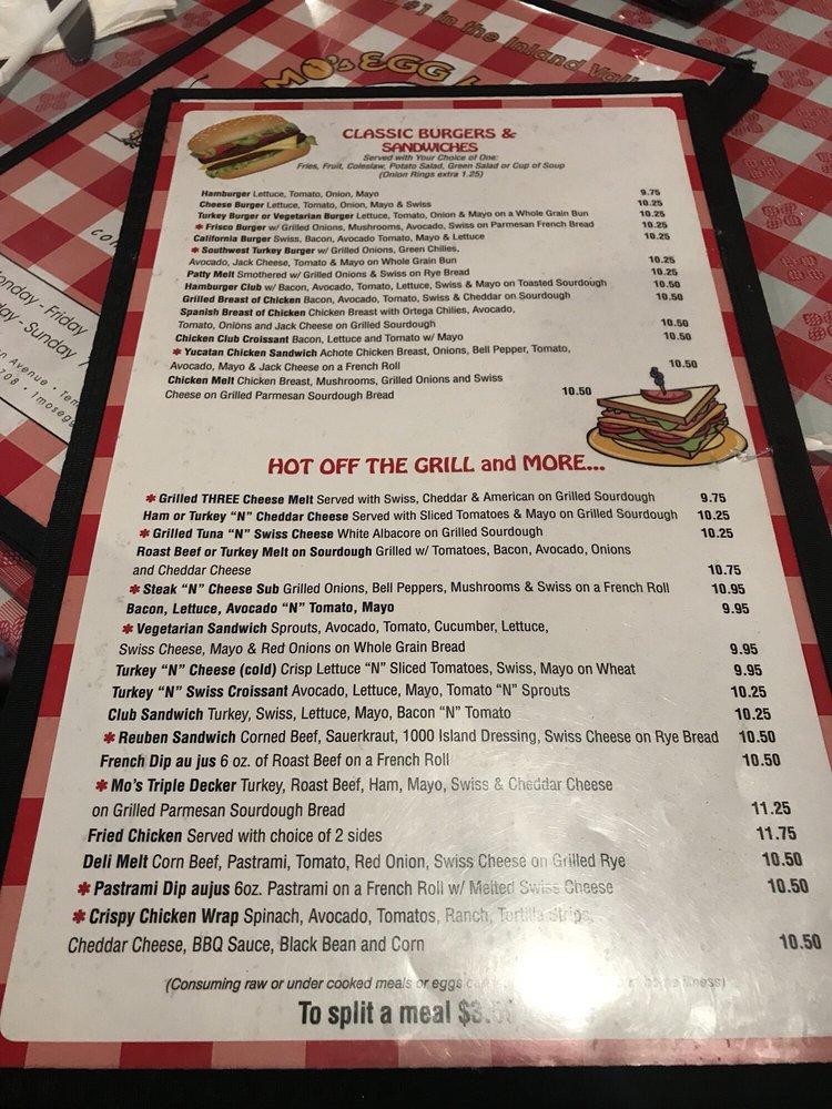 Menu at Mo's Egg House restaurant, Temecula