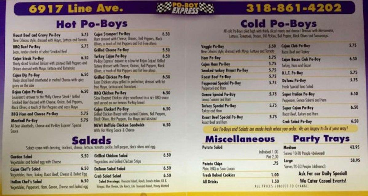 Menu at PO Boy Express restaurant, Shreveport