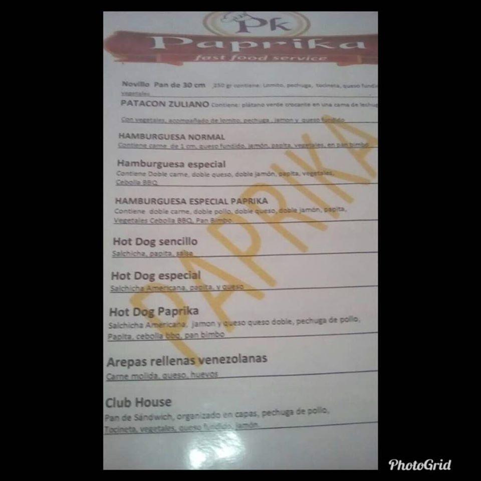 Menu at Paprika restaurant, Duitama
