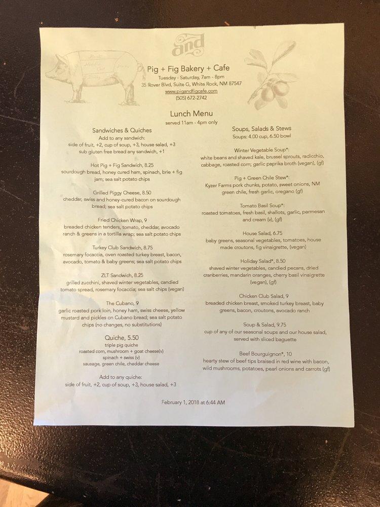 Menu at Pig and Fig Cafe, White Rock