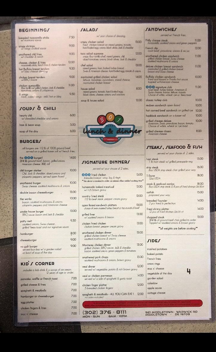 Menu at 301 Plaza Restaurant, Middletown