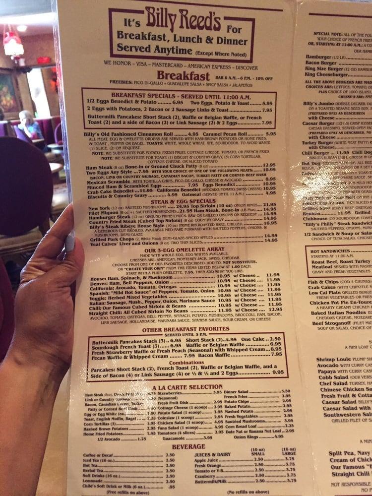 Menu at Billy Reed's Palm Springs restaurant, Palm Springs
