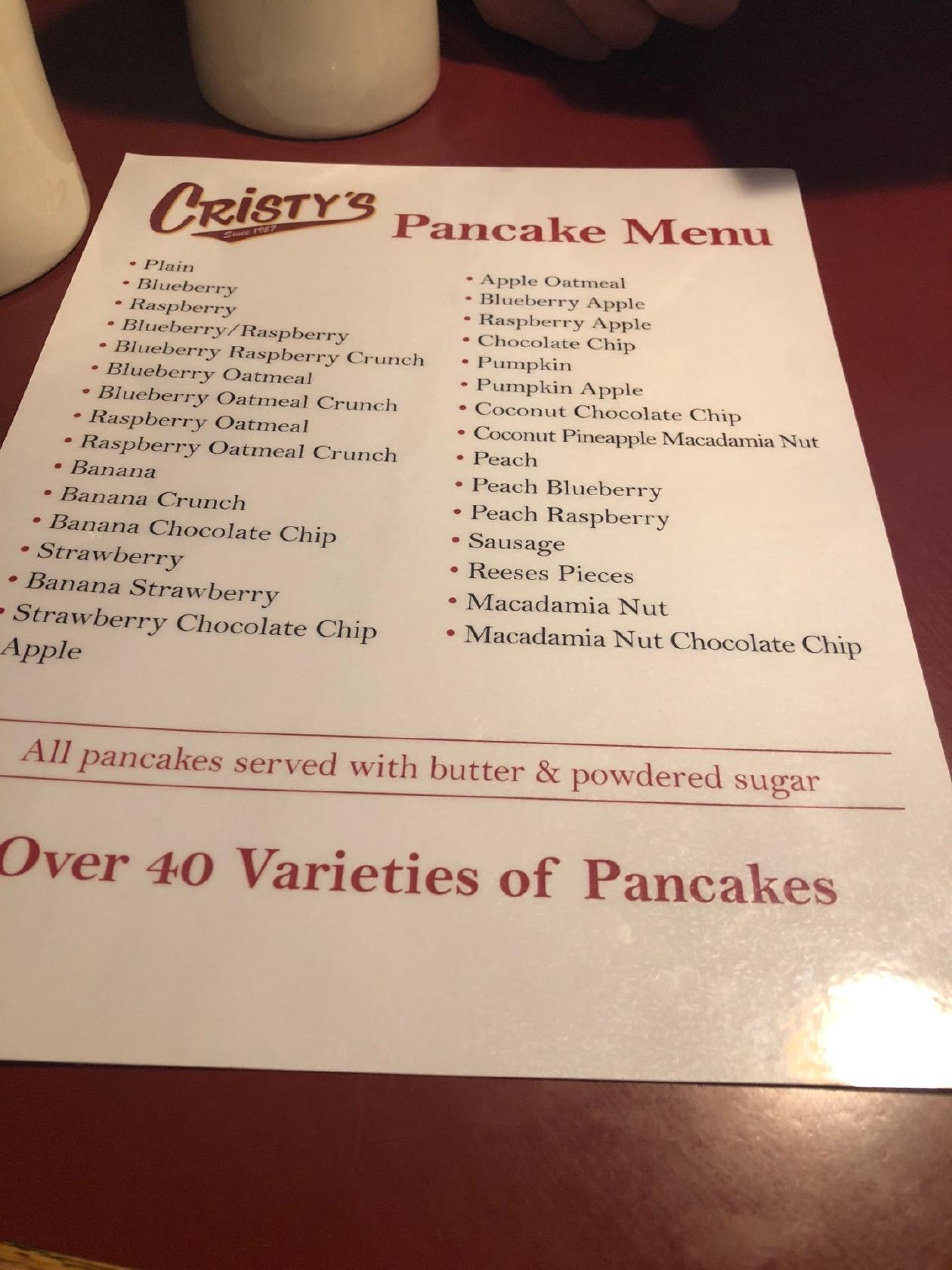 Menu at Cristy's Restaurant, Westbrook