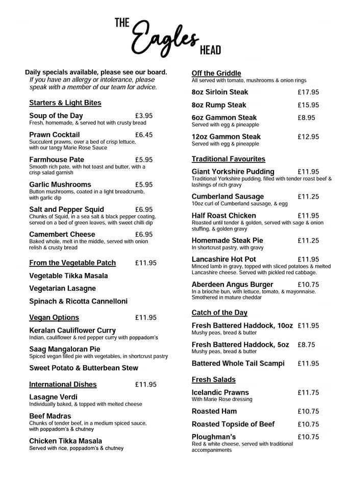 Menu at Eagles Head pub & bar, Over Kellet
