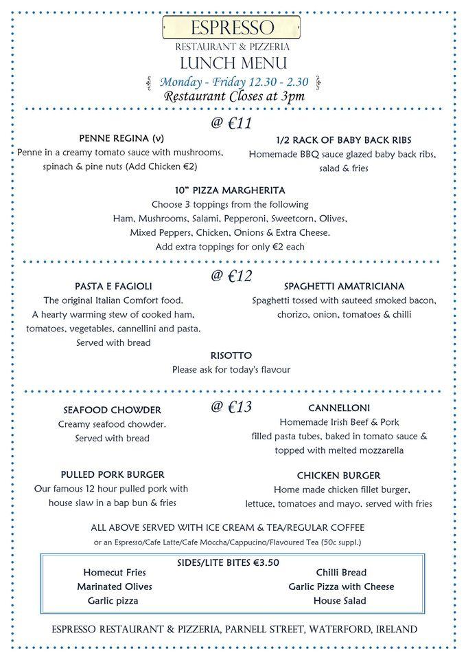 Menu at espresso restaurant, Waterford