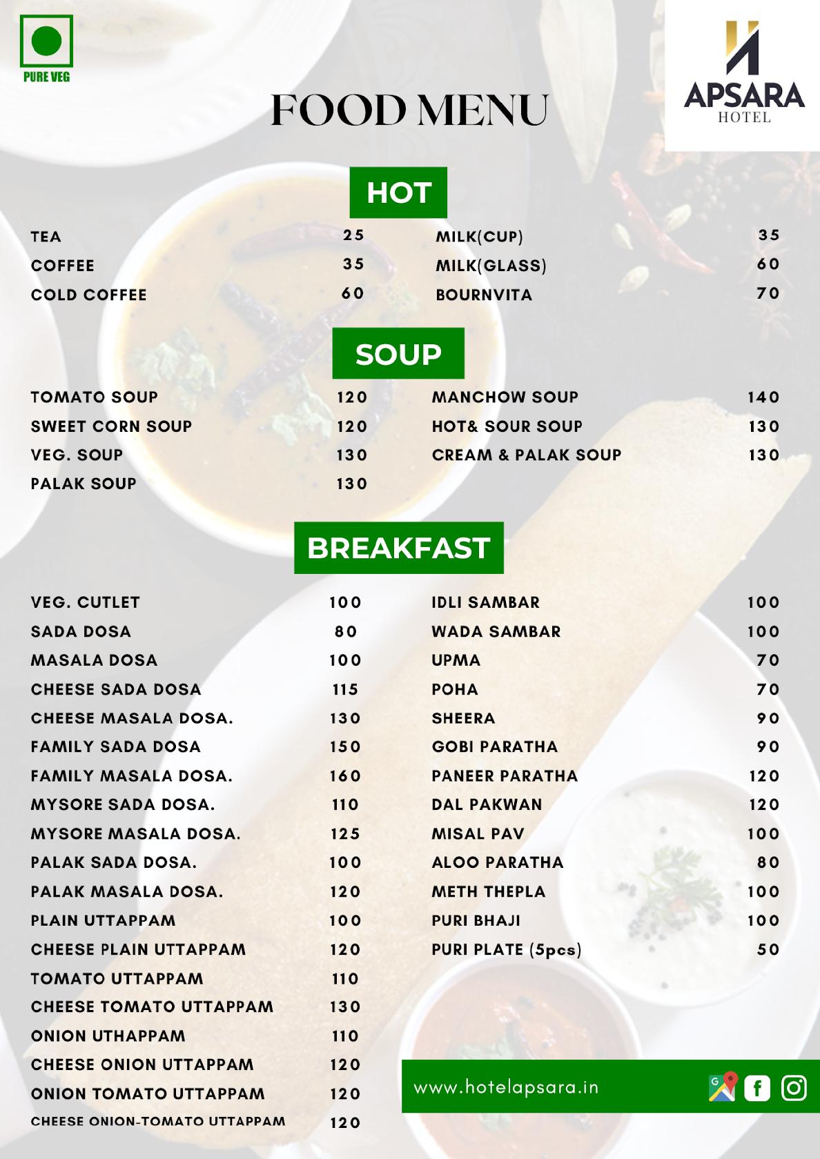 Menu at Hotel Apsara Mahabaleshwar, Mahabaleshwar
