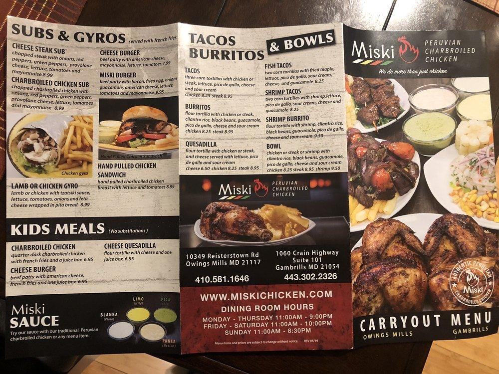 Menu at Miski Peruvian Charbroiled Chicken restaurant, Owings Mills