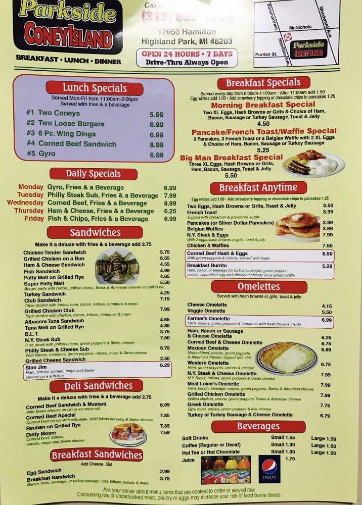Menu at Parkside coney island fast food, Highland Park