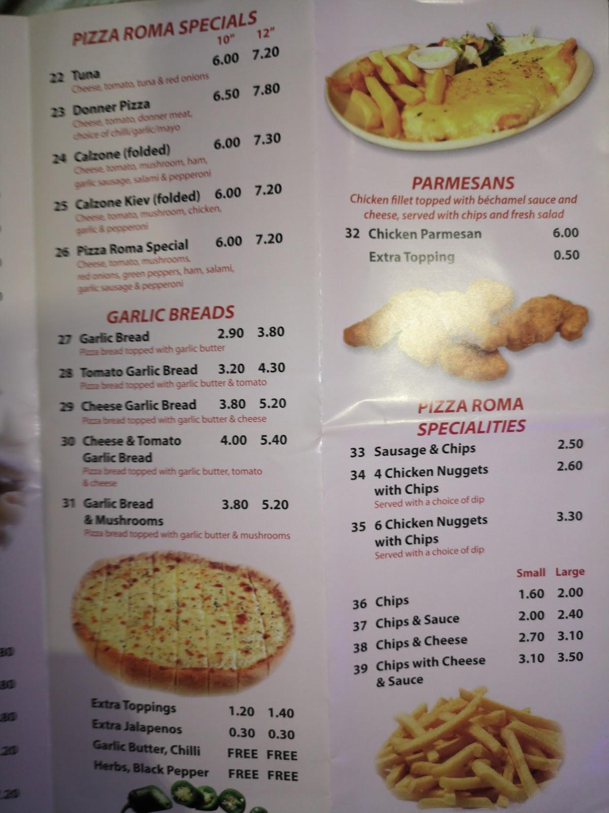 Menu at Pizza Roma pizzeria, Appleby-in-Westmorland
