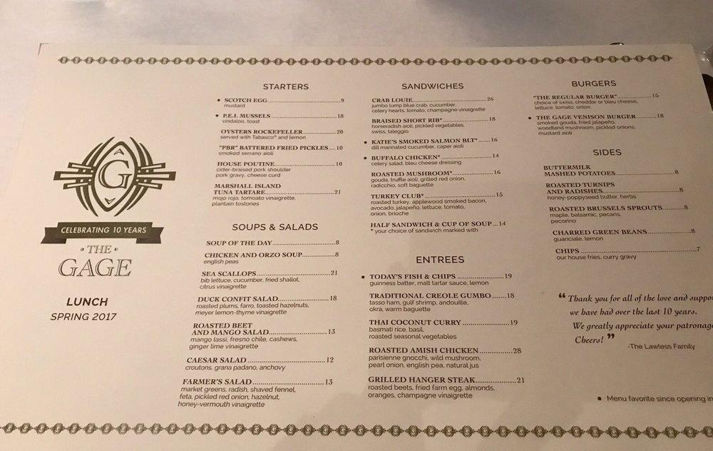 Menu at The Gage pub & bar, Chicago