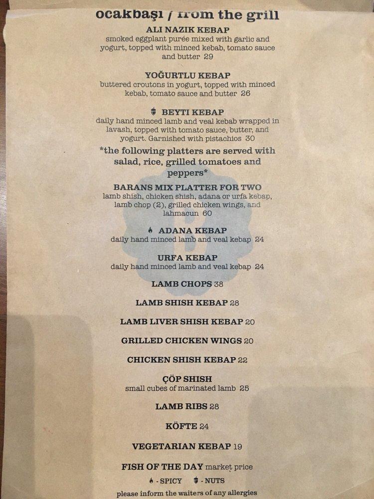 Menu at Barans Turkish Cuisine & BBQ, Toronto
