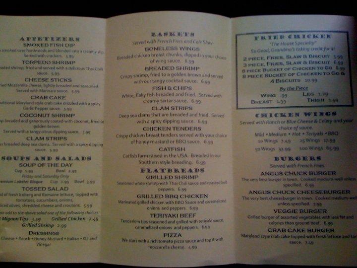 Menu at Calabash restaurant, DeLand
