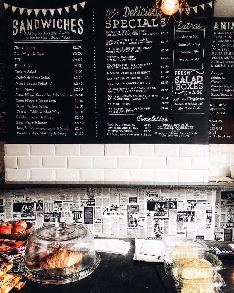 Menu at Deli Heaven cafe, Birmingham