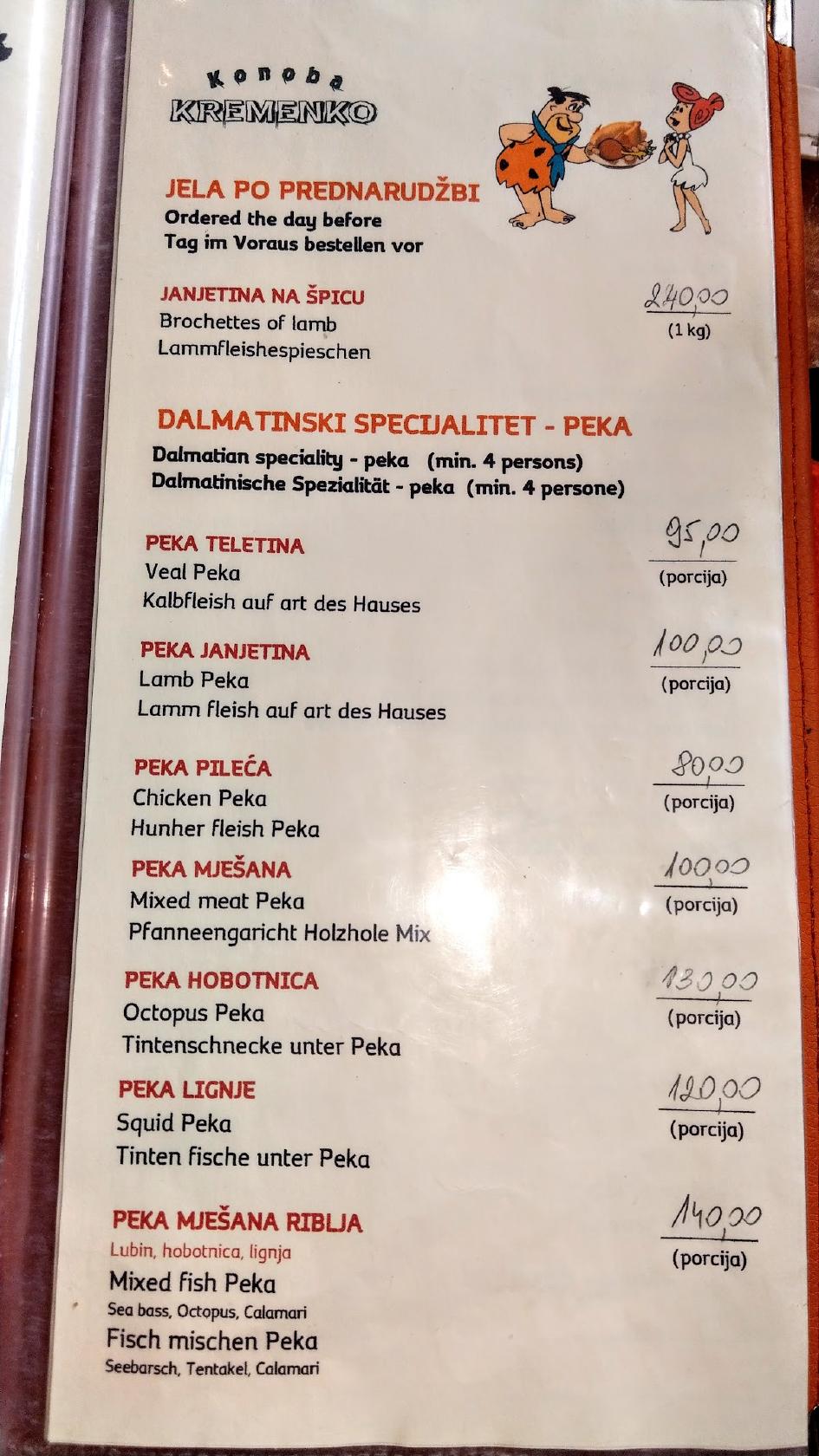 Menu at Kremenko restaurant, Svinišće