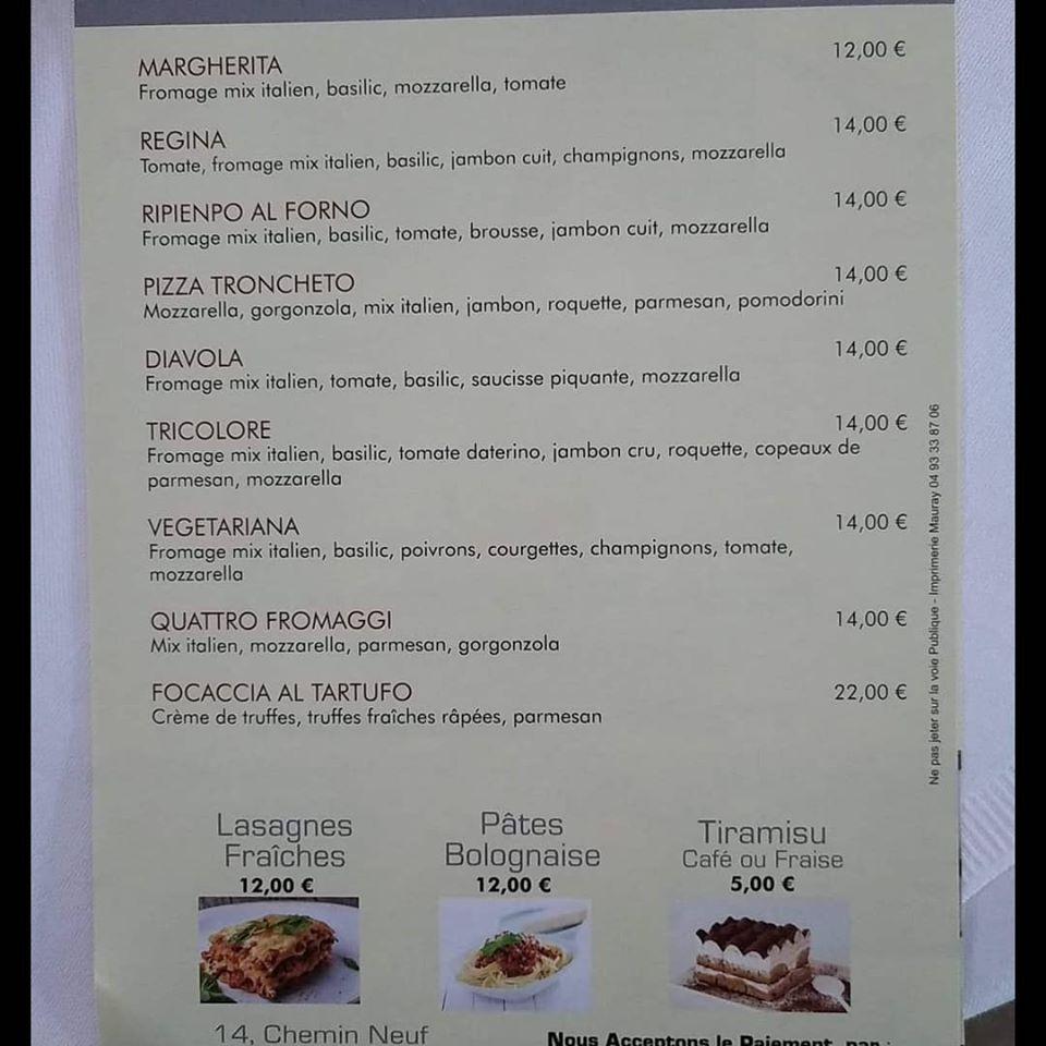 Menu at O'Sarracino restaurant, Biot