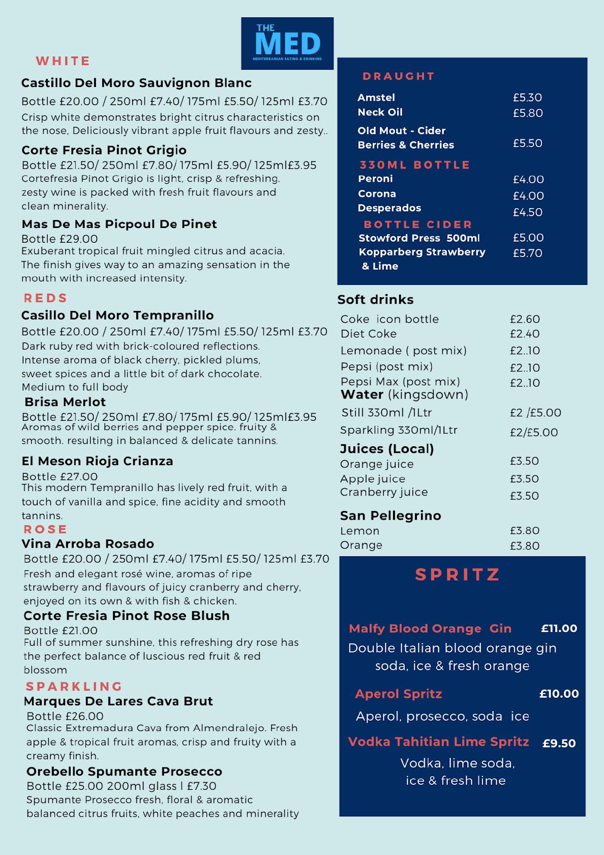 Menu at The Med restaurant, Margate