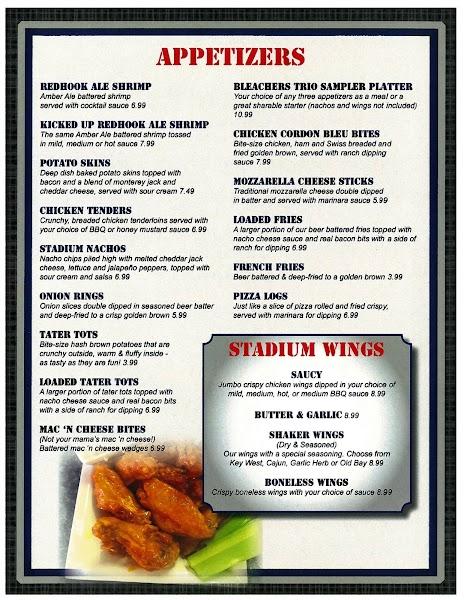 Menu at Bleachers Sports Bar and Grill, Watkins Glen