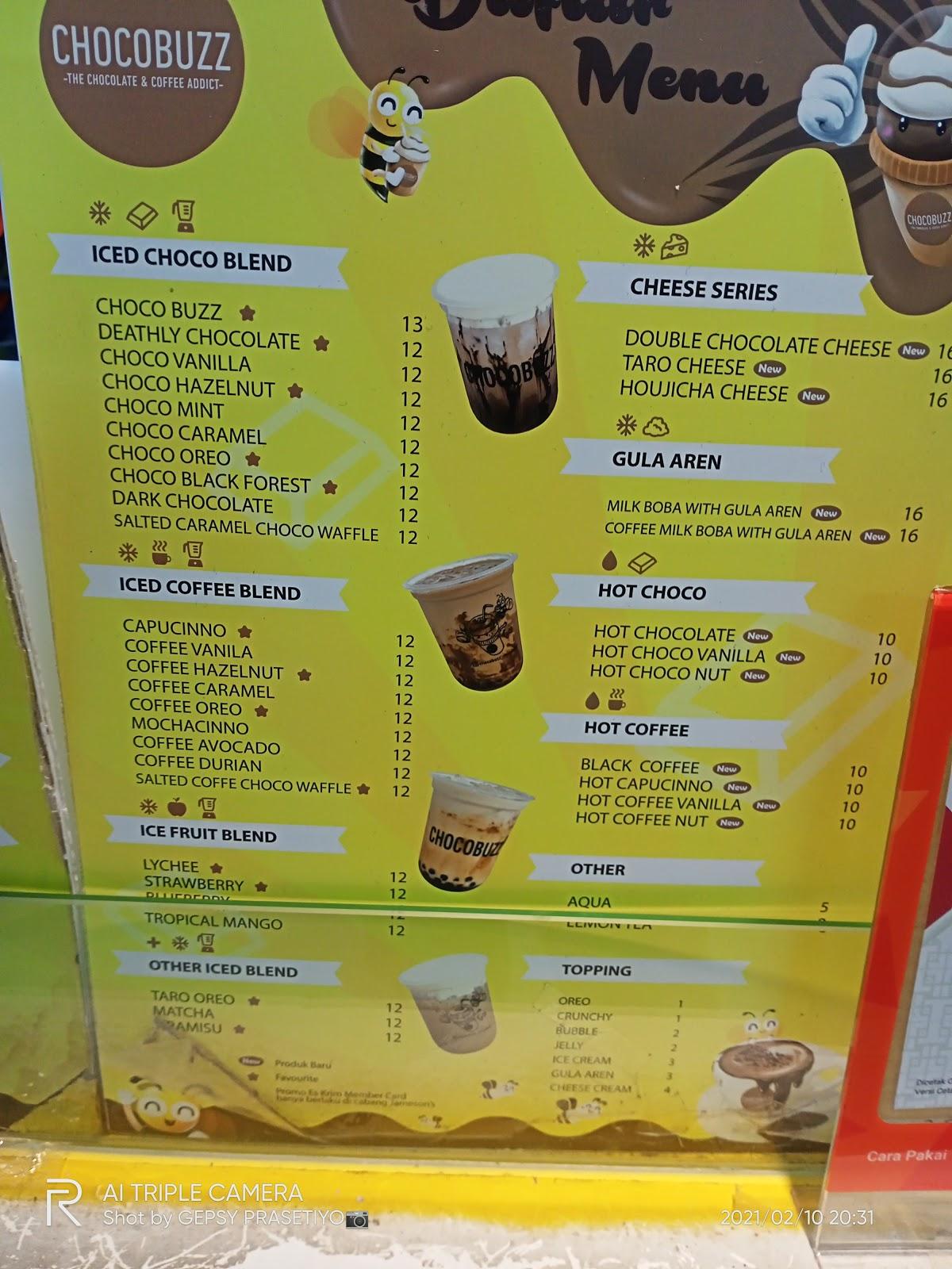 Menu at Chocobuzz cafe, West Jakarta, 11650 Jakarta Barat