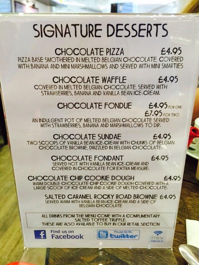 Menu at Cocoba Chocolate cafe, Greenhithe
