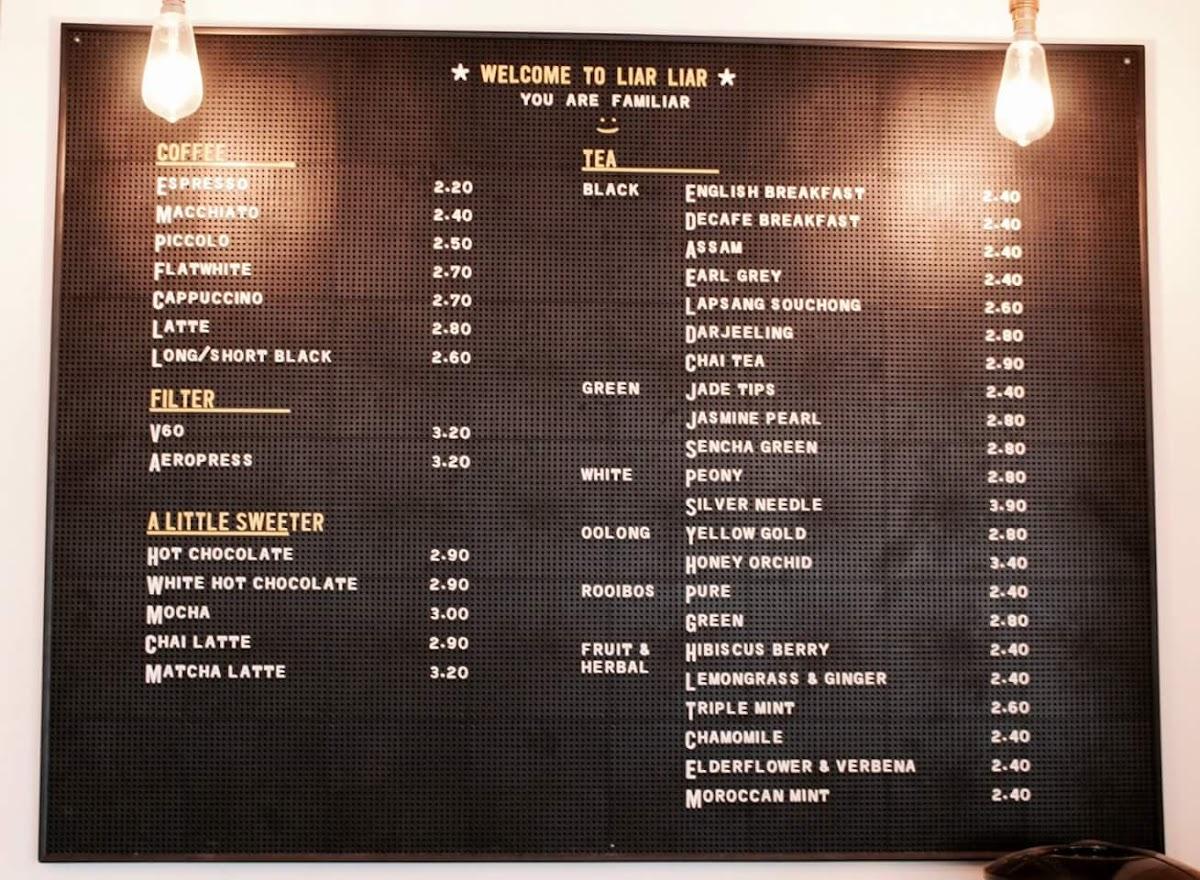 Menu at Liar Liar Social cafe, Oswestry