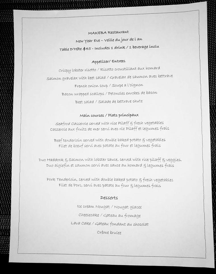 Menu at Makeba Restaurant, Richibucto