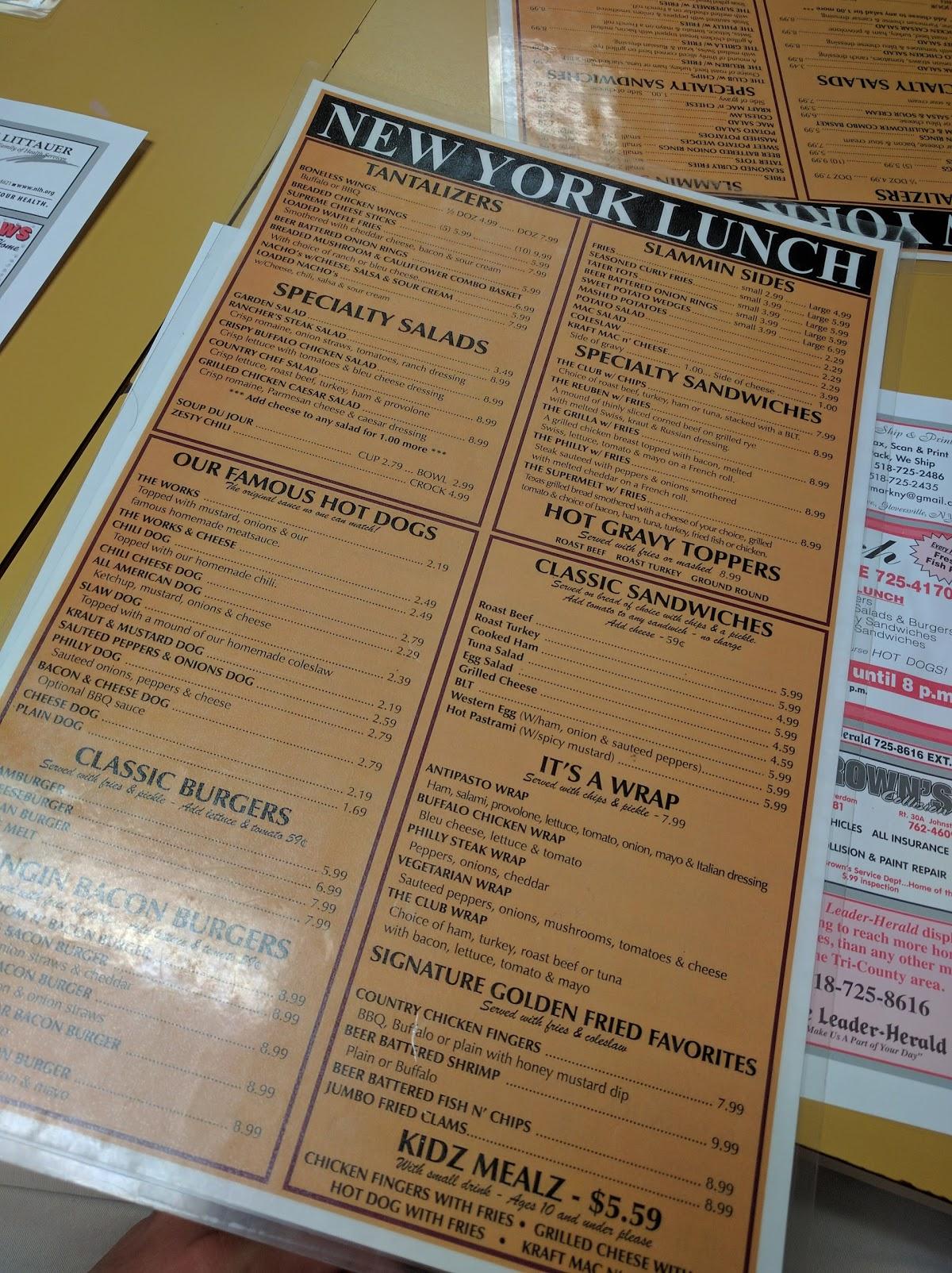 Menu at New York Lunch restaurant, Gloversville