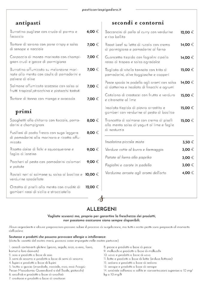 Menu da Due Spiga D'Oro Pasticceria, Stra
