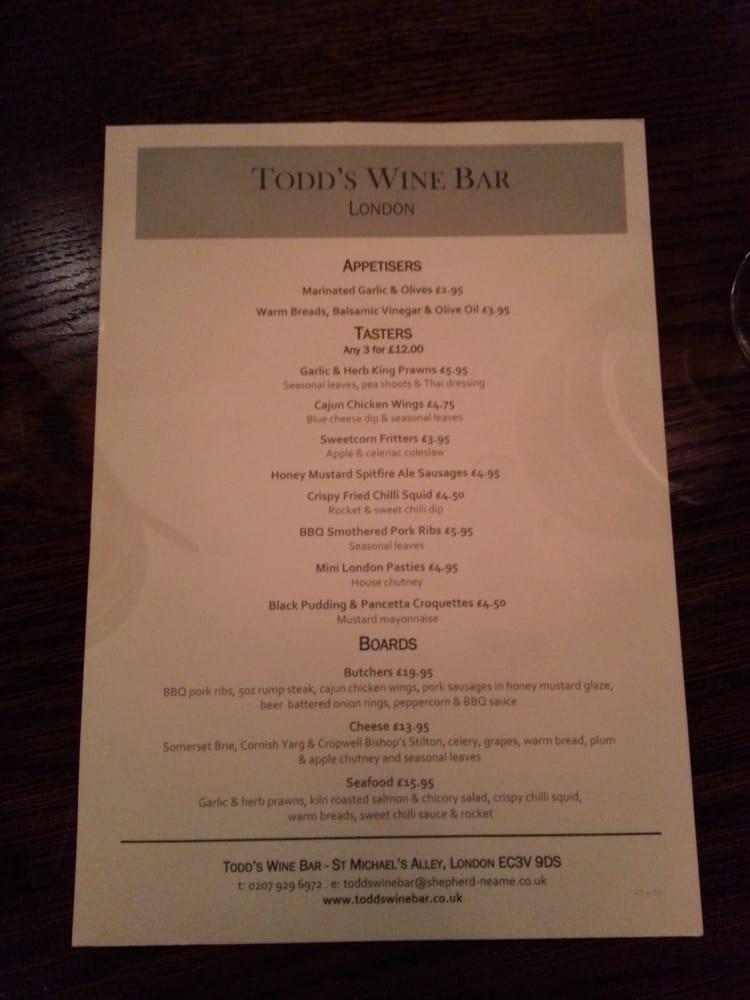 Menu at Todd's Wine Bar, London, St. Michael's Alley