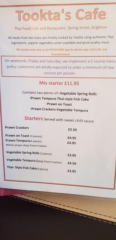Menu at Tookta's Thai Food restaurant, Brighton