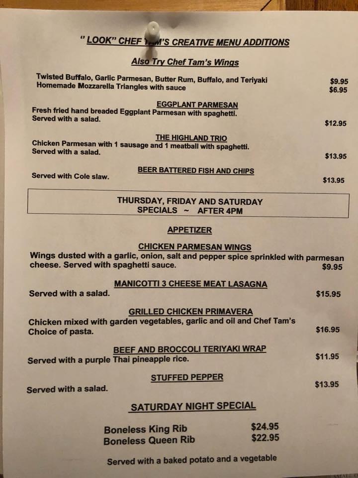 Menu at Highland restaurant, Pittsfield