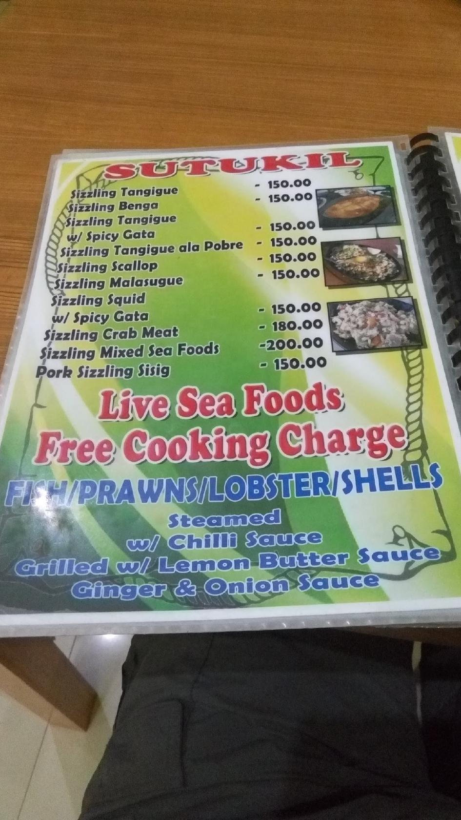 Carta de Sutukil Restaurant, Masbate