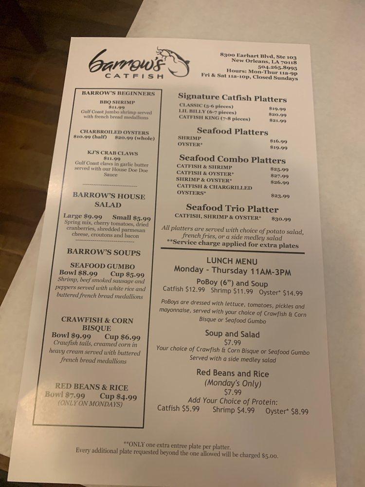 Menu at Barrow’s Catfish - Earhart, New Orleans